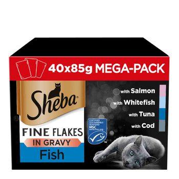 Sheba Fine Flakes Wet Cat Food Pouches Fish Selection in Gravy 40x85g ...